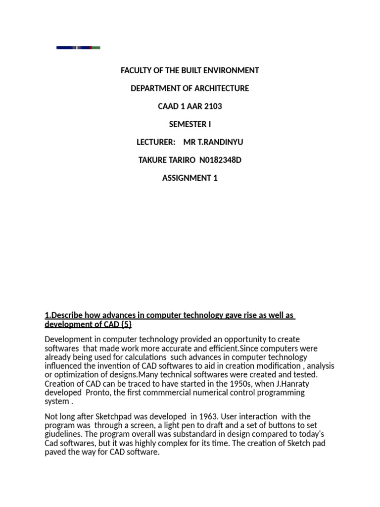 Takure Tariro M. Aar 2103 Cad 1 Assignment 1 | PDF | Computer Aided ...
