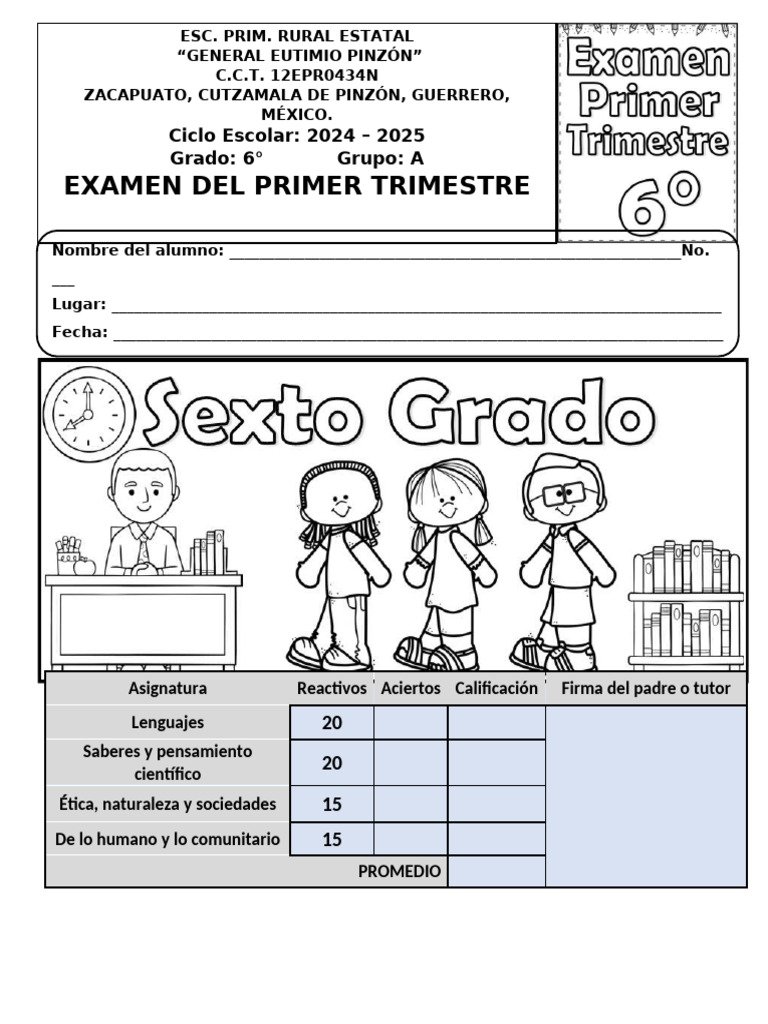 Examen Primer Trimestre 6° Grado 2024-2025 | PDF
