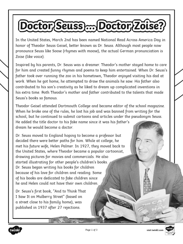 BW Eighth Grade Dr. Seuss Dr. Zoise Reading Comprehension Activity ...