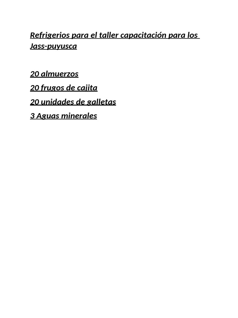 Refrigerios para El Taller Capacitación para Los Jass | PDF