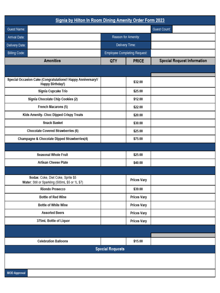 Signia Amenity Order Form 2023 | PDF | Drink | Cuisine