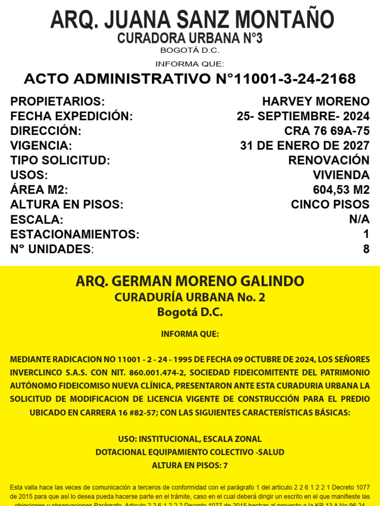 Valla de Curaduría para Modificación de Licencia | PDF