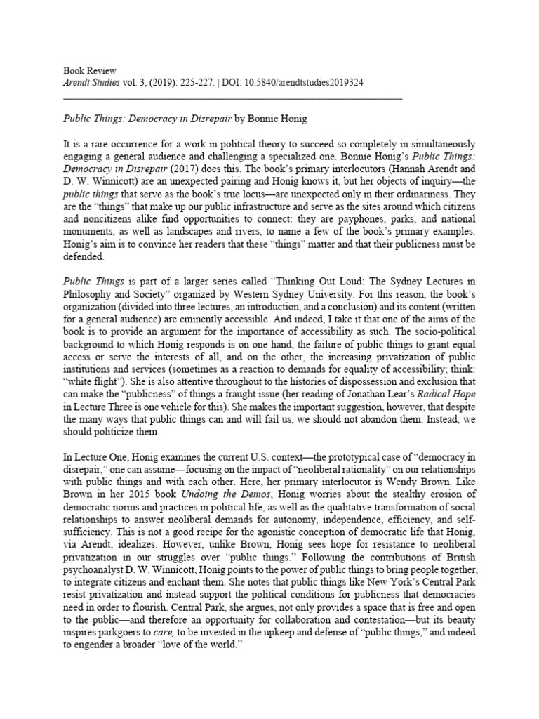 Book Review Public Things Democracy in D | PDF | Hannah Arendt