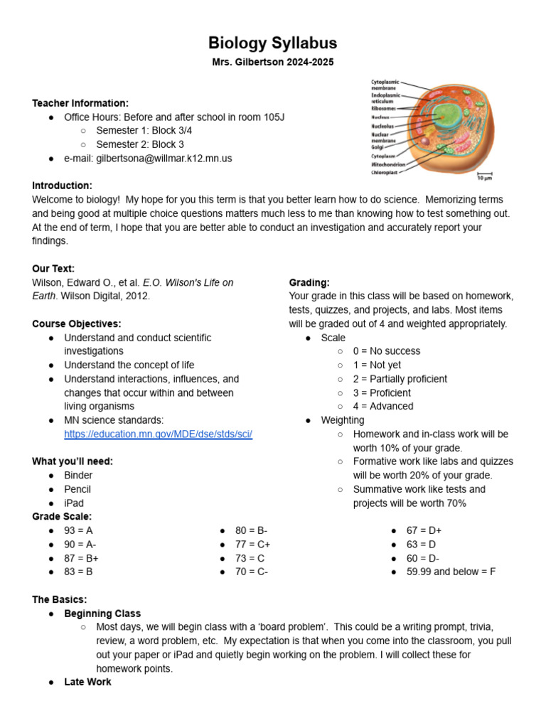 2024-2025 Biology Syllabus Overview | PDF | Homework | Cognition