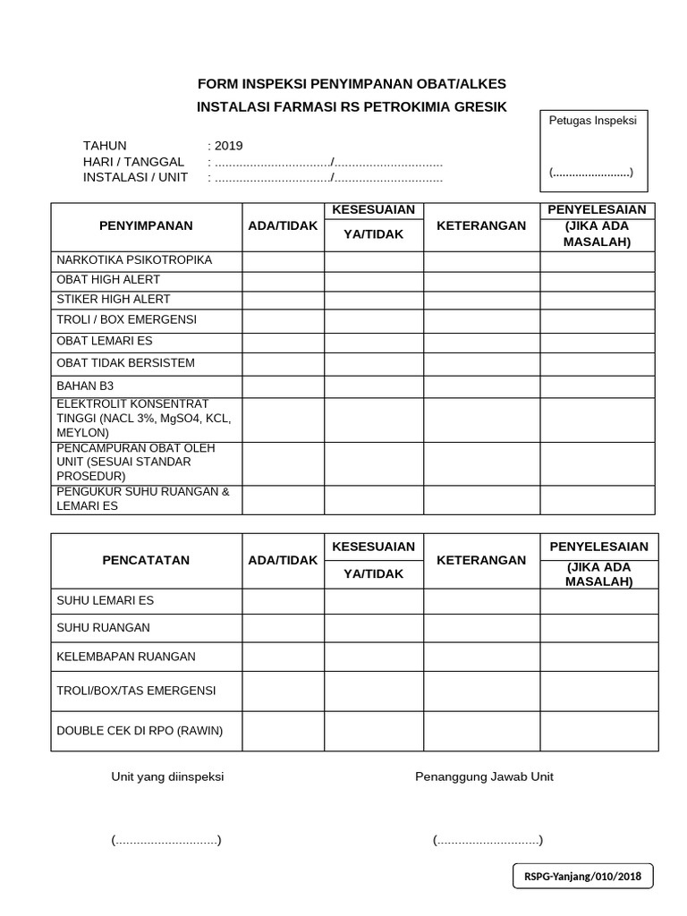 Form Inpeksi Penyimpanan Obat Revisi | PDF
