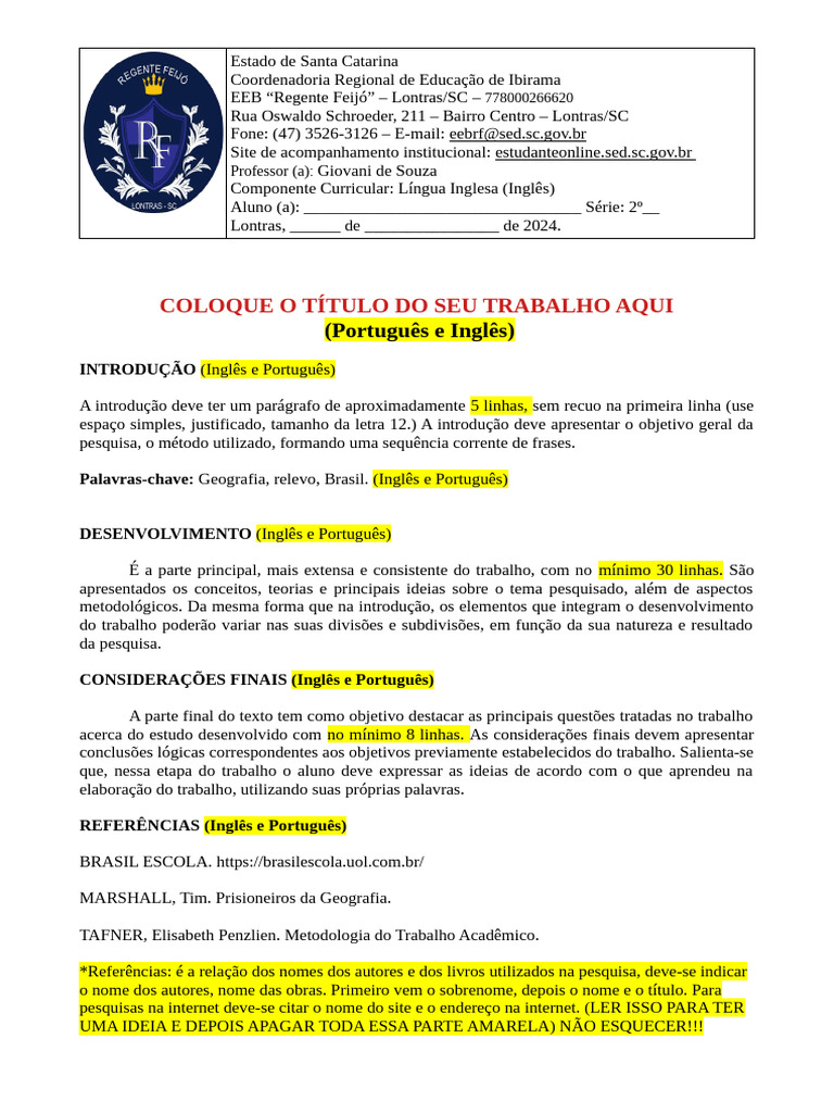 Modelo Trab.2º ANOS | PDF | Geografia