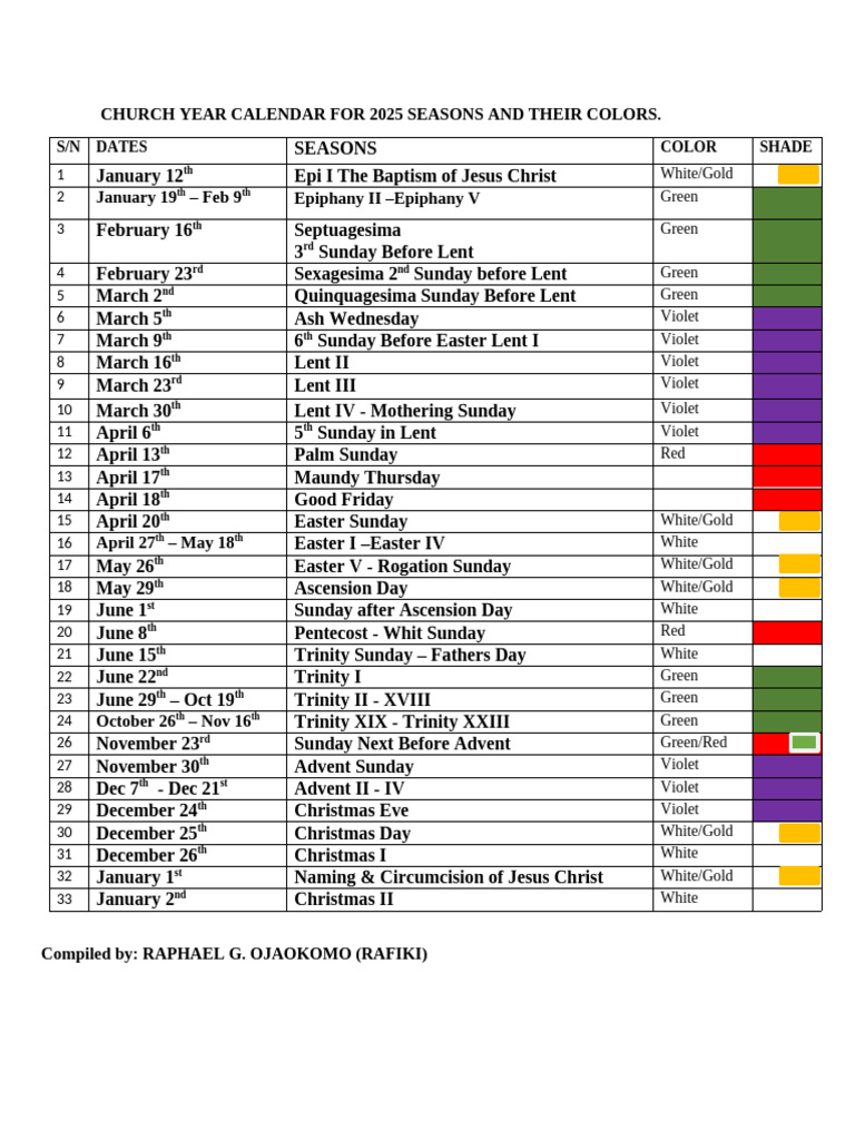 Church Year Calendar For 2025 Seasons and Their Color | PDF ...