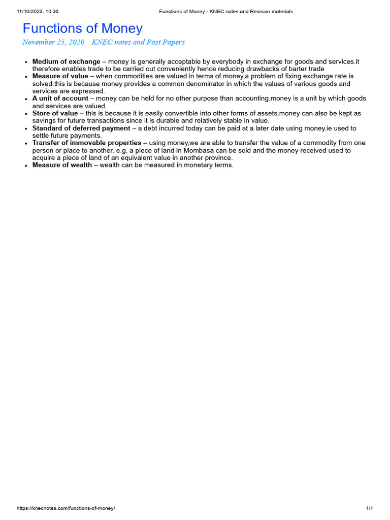Functions of Money Explained | PDF