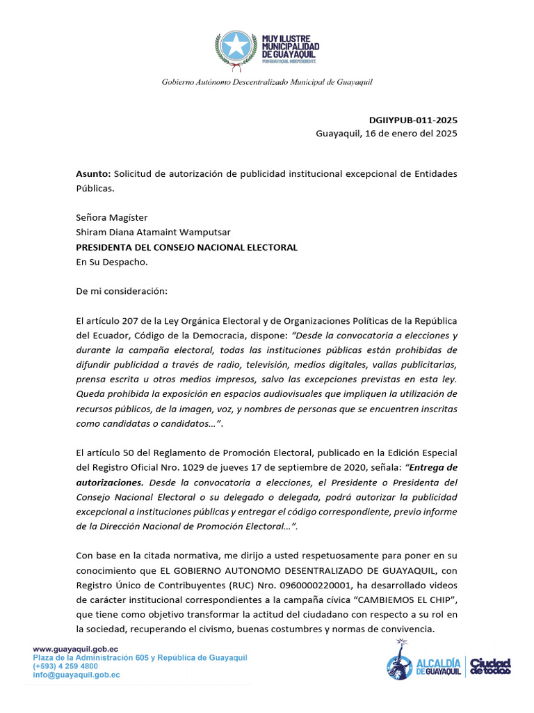 004 SOLICITUD CNE - VIDEOS CAMPAÑA CAMBIEMOS EL CHIP-signed | PDF | Publicidad | Gobierno