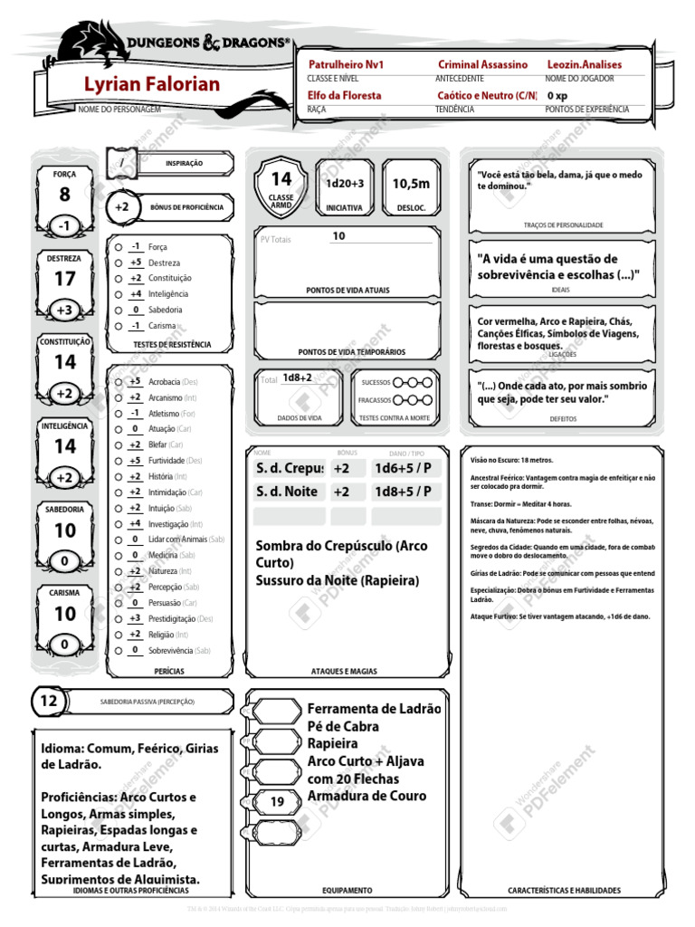 Ficha de Personagem: Lyrian Falorian | PDF