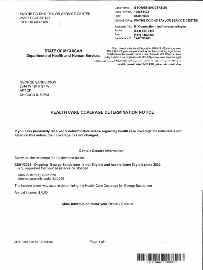 George Sanderson Letter Michigan DHS | PDF