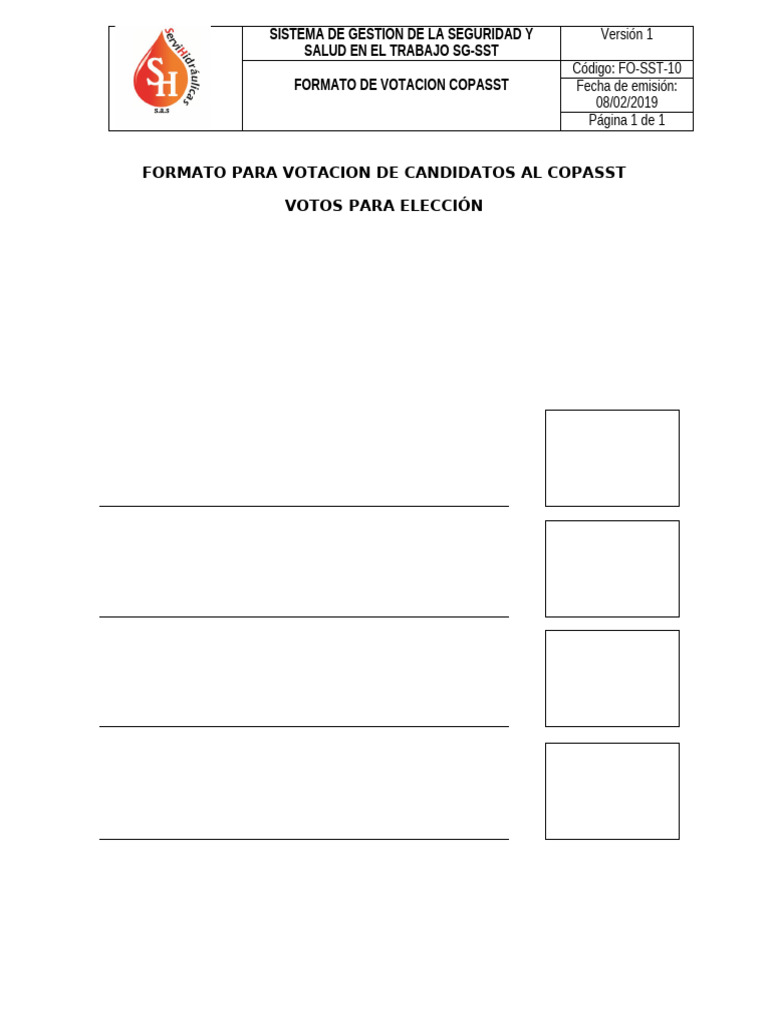 FT SST 10 Formato Votos de Elección Del COPASST SERVIHIDRAULICAS | PDF