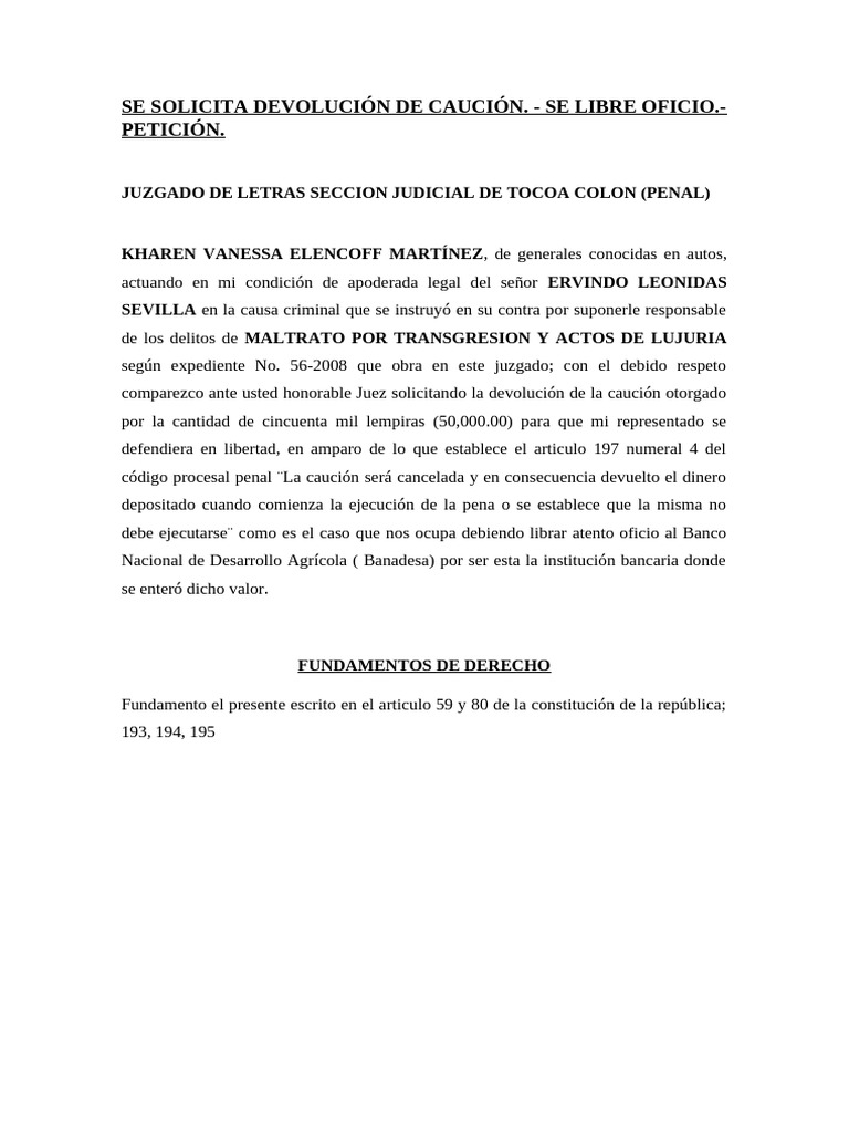 Se Solicita Devolución de Caución | PDF