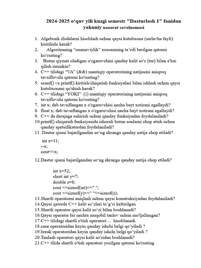 Yakuniy Nazorat Savollari (O'zb) | PDF