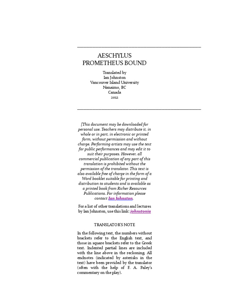 Aeschylus, Prometheus Bound (E-Text) | PDF | Prometheus | Zeus