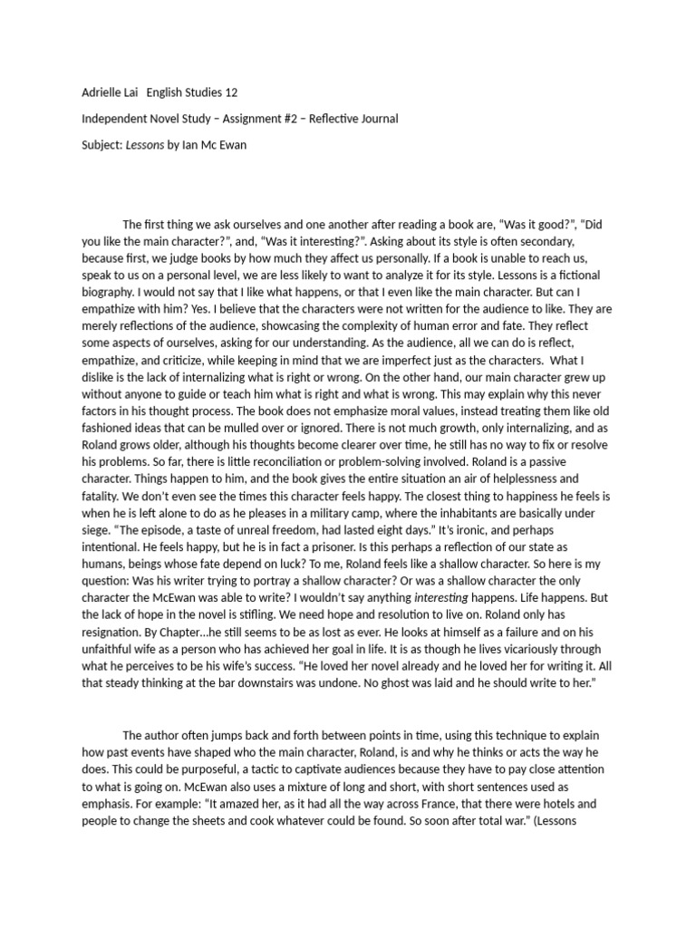 Assignment 2 On Lessons by Ian McEwan Draft 2 Incomplete | PDF | Thought | Empathy