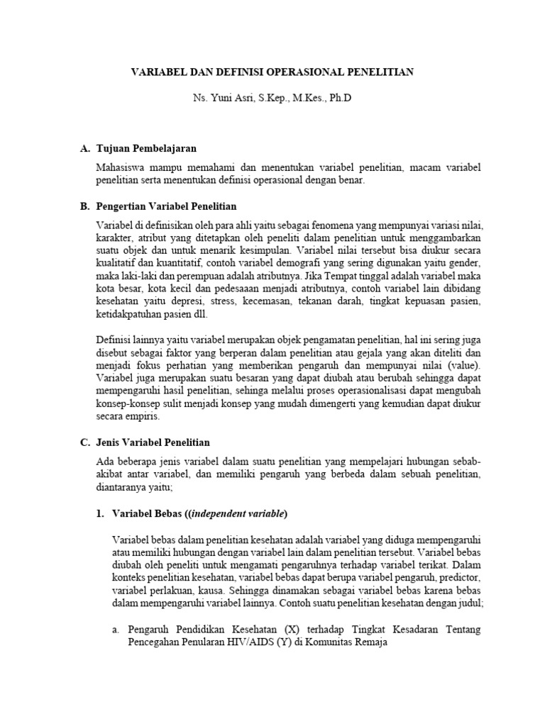 Variabel & Definisi Operasional Penelitian | PDF