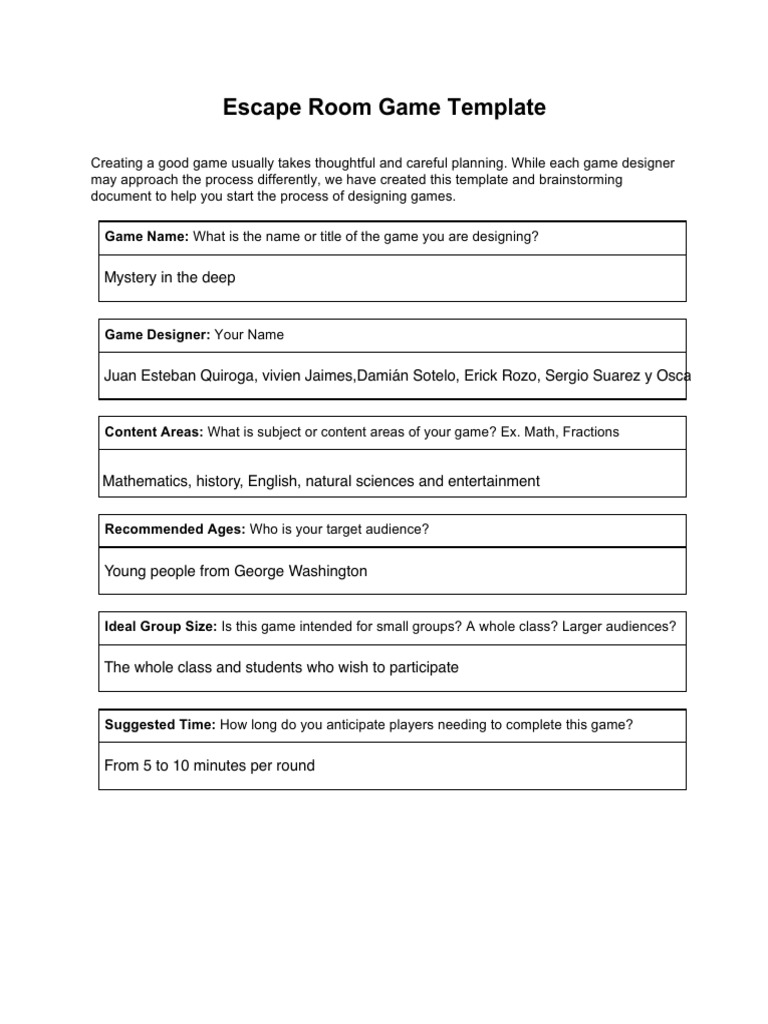 Escape Room Game Design Template | PDF