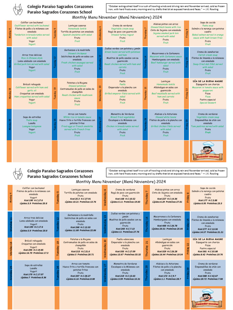 Bilingual Menu for November 2024 | PDF | Foods | Salad