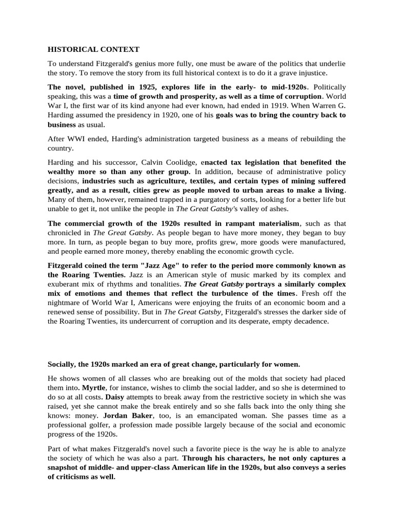 Historical Context | PDF | The Great Gatsby | American Dream