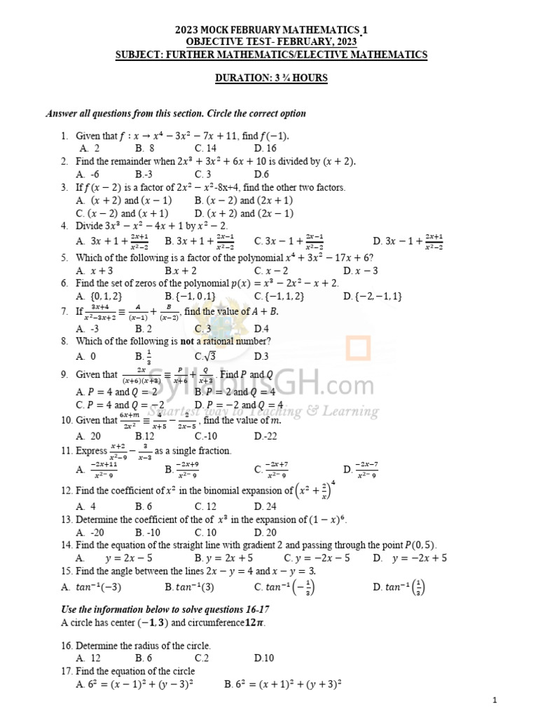 2023 Mock February Elective Maths 1 | PDF | Circle | Equations