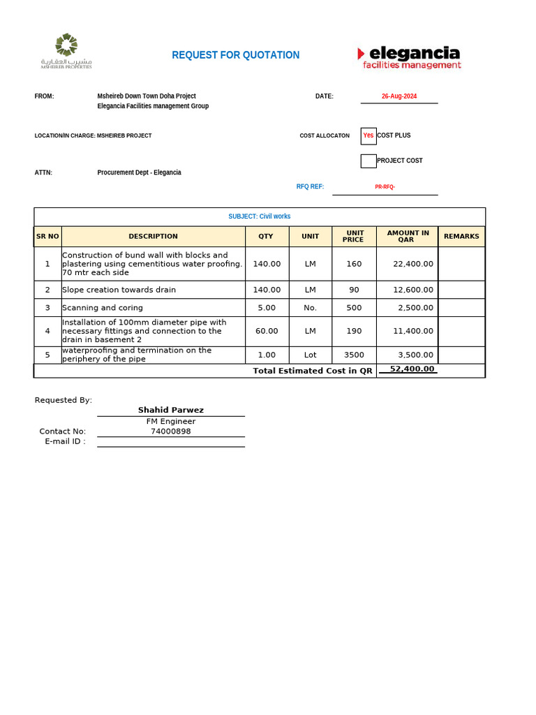 RFQ and RFP Form - Civil Works | PDF