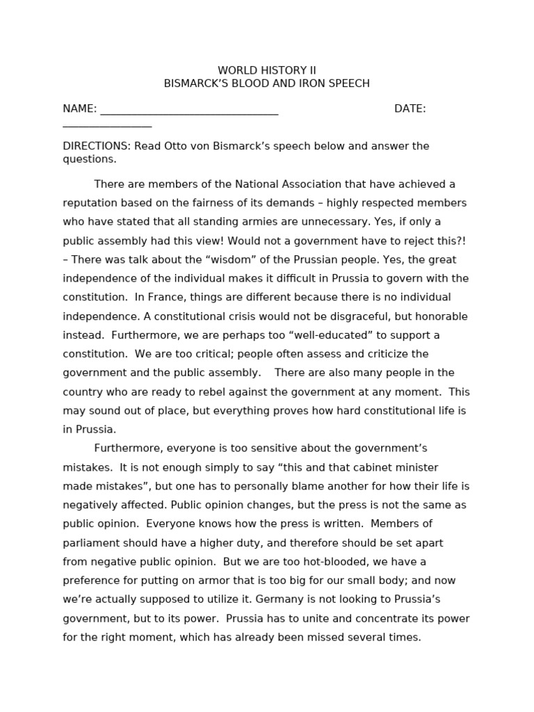 Bismarck's Blood and Iron Speech Analysis | PDF | Otto Von Bismarck ...