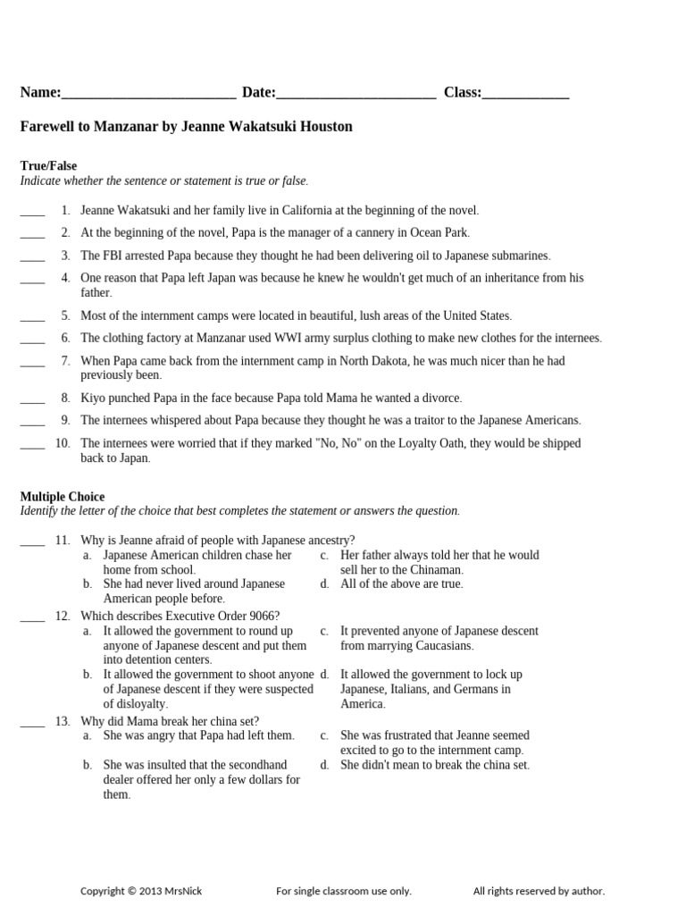 Farewell to Manzanar Quiz Questions | PDF | Internment Of Japanese ...