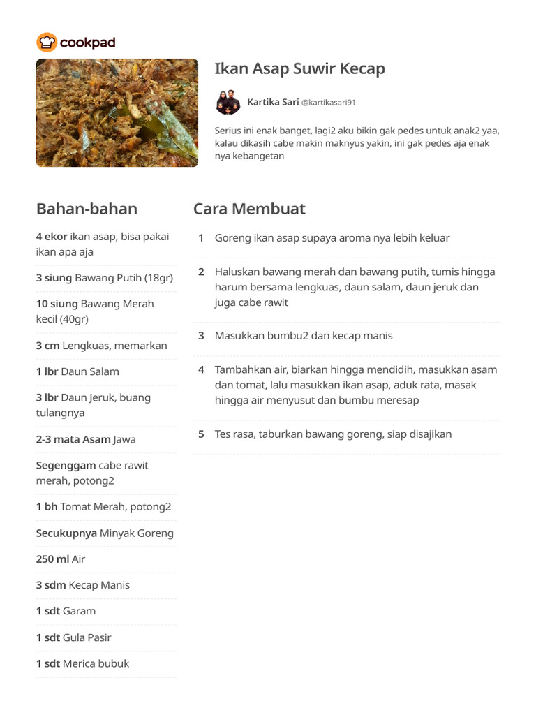 Resep Ikan Asap Suwir Kecap oleh Kartika Sari - Cookpad (2) | PDF