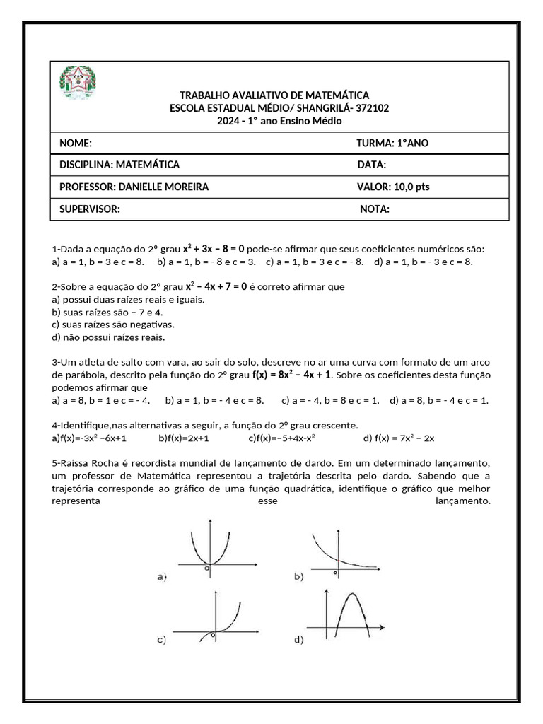 Trabalho Avaliativo de Matemática 1º Ano | PDF