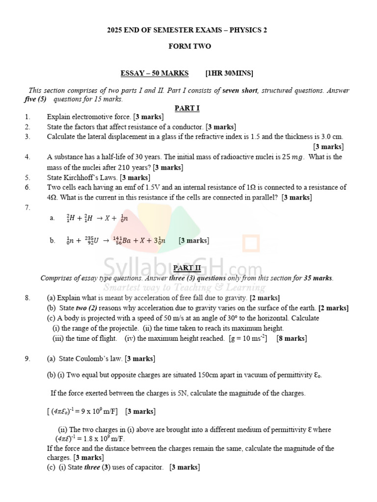 2025 Physics Semester 2 Exam Paper | PDF | Physical Sciences | Physical ...