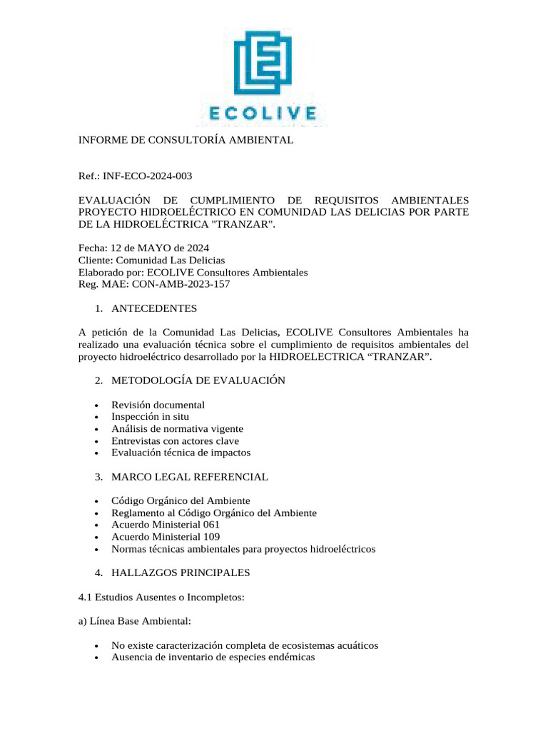 INFORME DE CONSULTORÍA AMBIENTAL Ecolive | PDF | Entorno natural | Evaluación