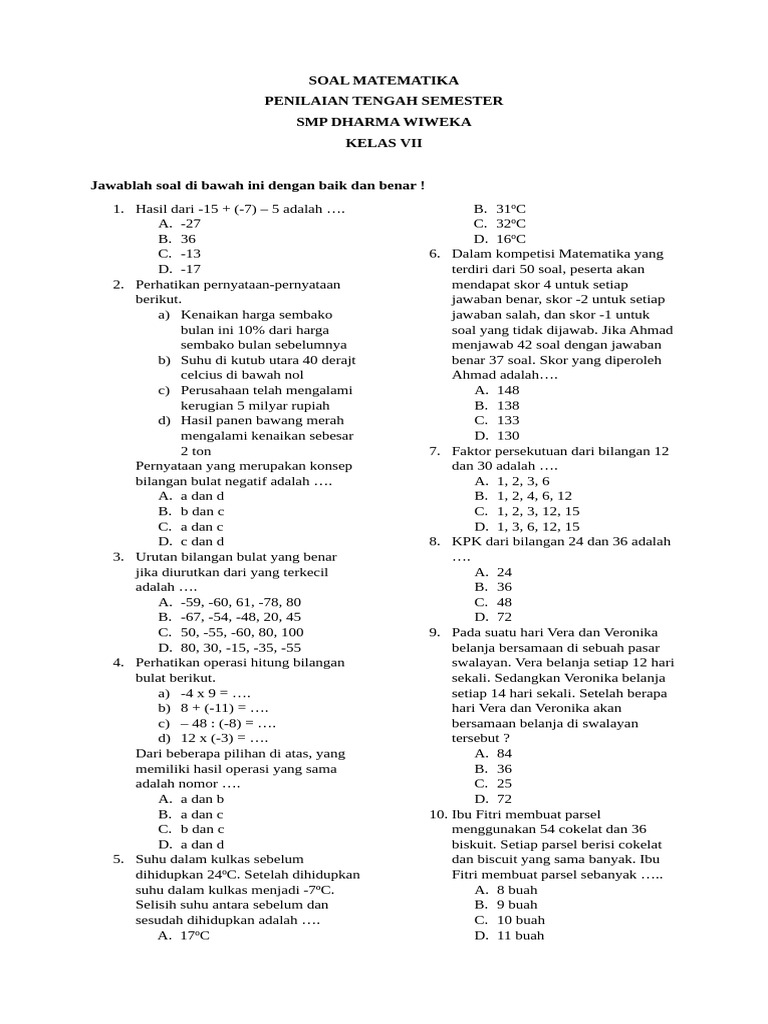 Soal PTS - VII - Matematika | PDF