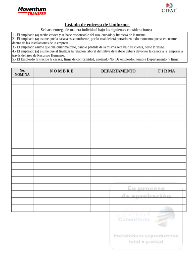 F-Control de Recibo de Uniformes | PDF