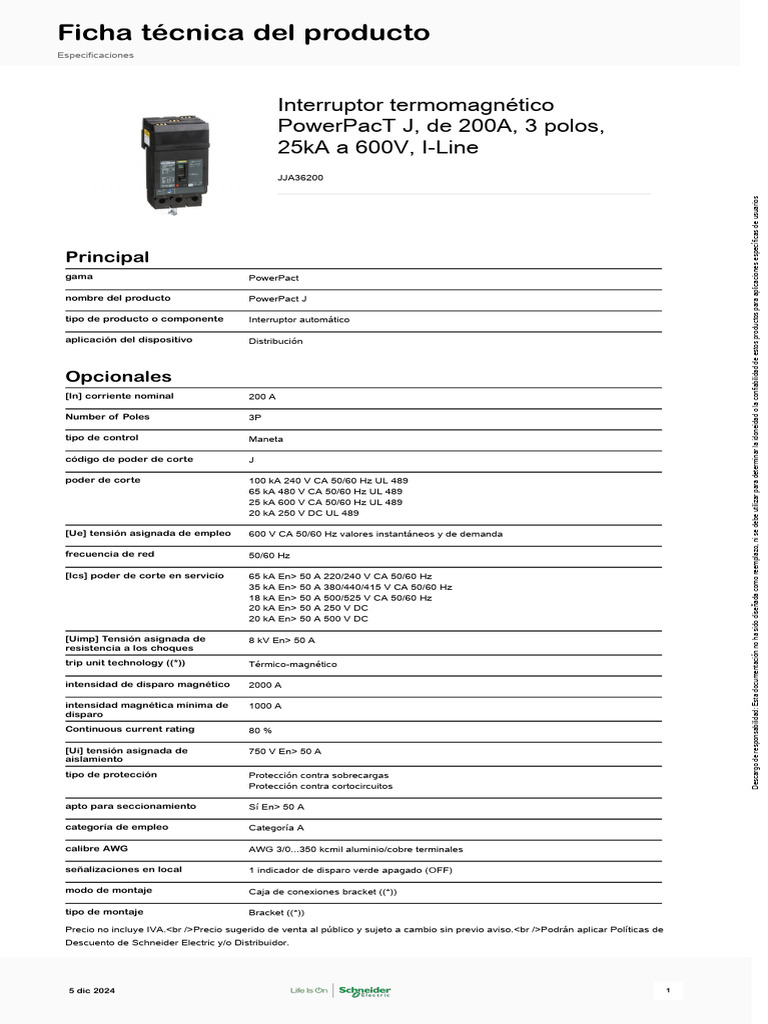 Interruptor Termomagnético Powerpact J, de 200A, 3 Polos, 25ka A 600V, I-Line | PDF | Ingenieria ...