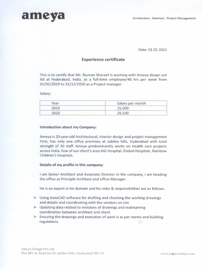 Numan Experience Certificate | PDF