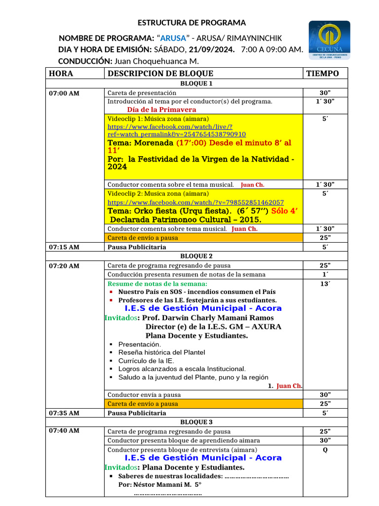 15 Estructura de Programa Arusa 2024 - Sabado 21-09-2024 | PDF | Andes