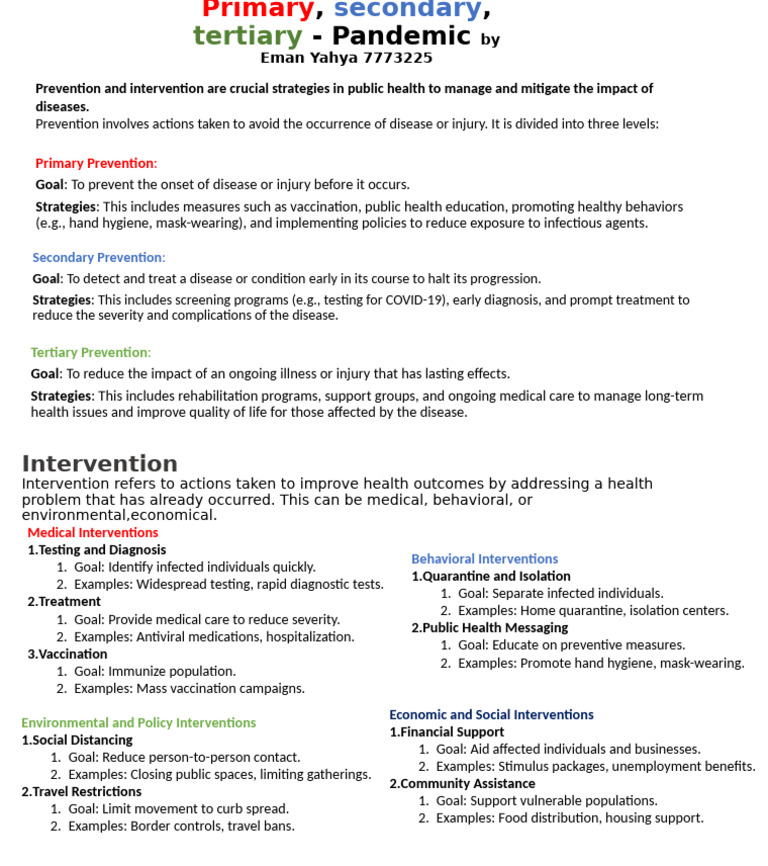 Primary, Secondary, Tertiary - Pandemic by Eman | PDF | Preventive ...
