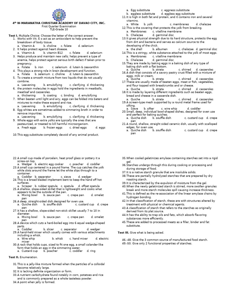 1st quarter exam TLE 10 | PDF | Starch | Custard