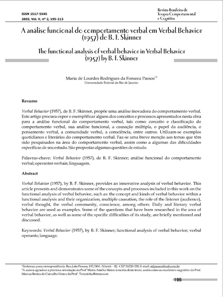 Vista Do A Análise Funcional Do Comportamento Verbal em Verbal Behavior (1957) de B. F. Skinner ...