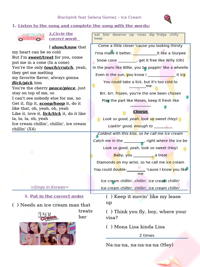 "Blackpink & Selena Gomez Ice Cream Lyrics Activity" | PDF | Water Ice ...
