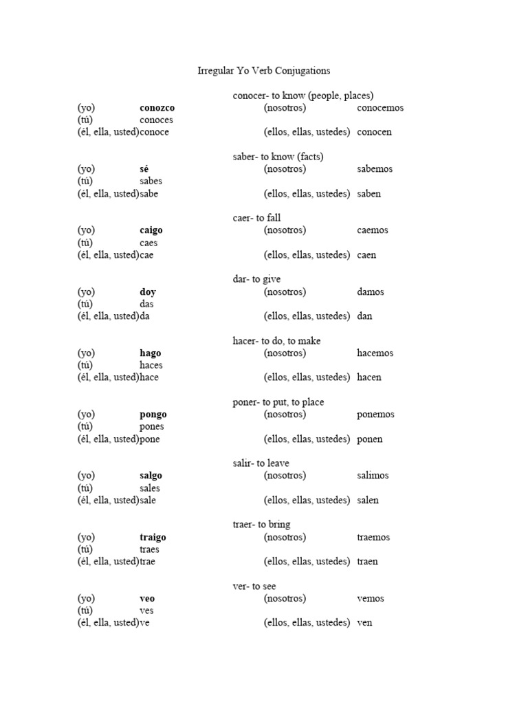 Irregular Yo and Irregular Verb Conjugations | PDF
