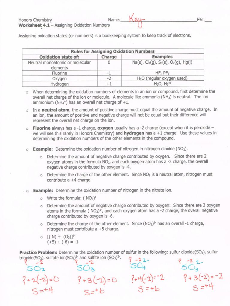 KEY U4 WS1 Oxidation Numbers | PDF
