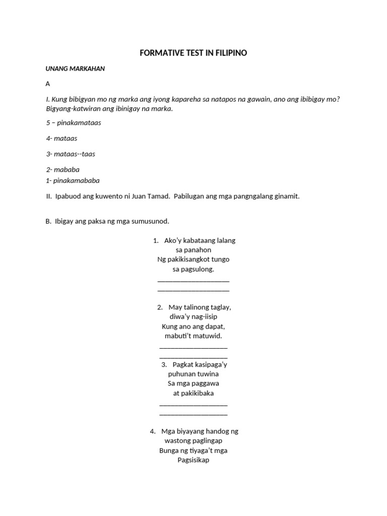 Formative Test in Filipino | PDF