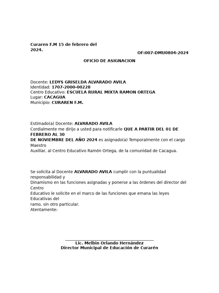 Oficio De Asignación Pdf