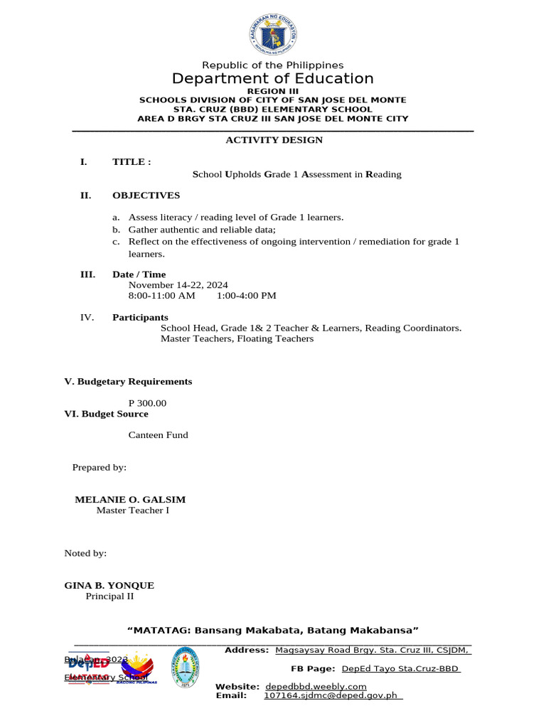 Activity Design Conduct of G1 Reading Assessment | PDF | Learning ...