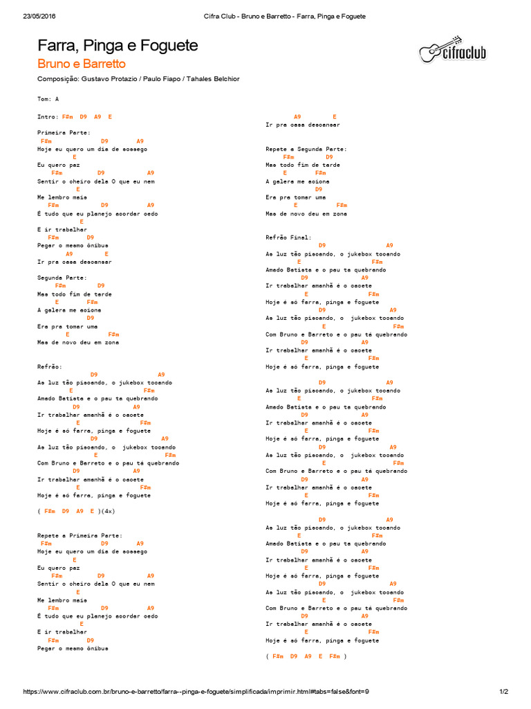 Cifra Club - Bruno e Barretto - Farra, Pinga e Foguete | PDF