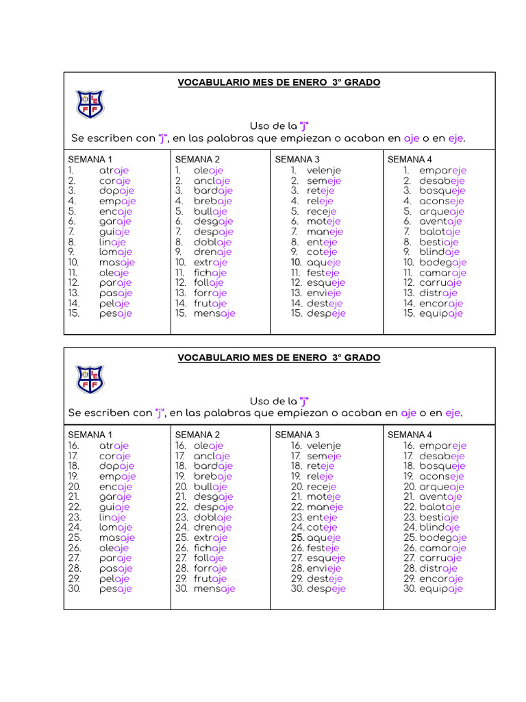 Vocabulario Enero Tercero | PDF