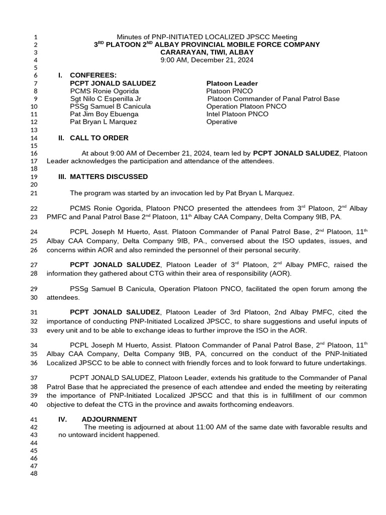 PNP Local JPSCC Meeting Summary | PDF | Military | Military Organization