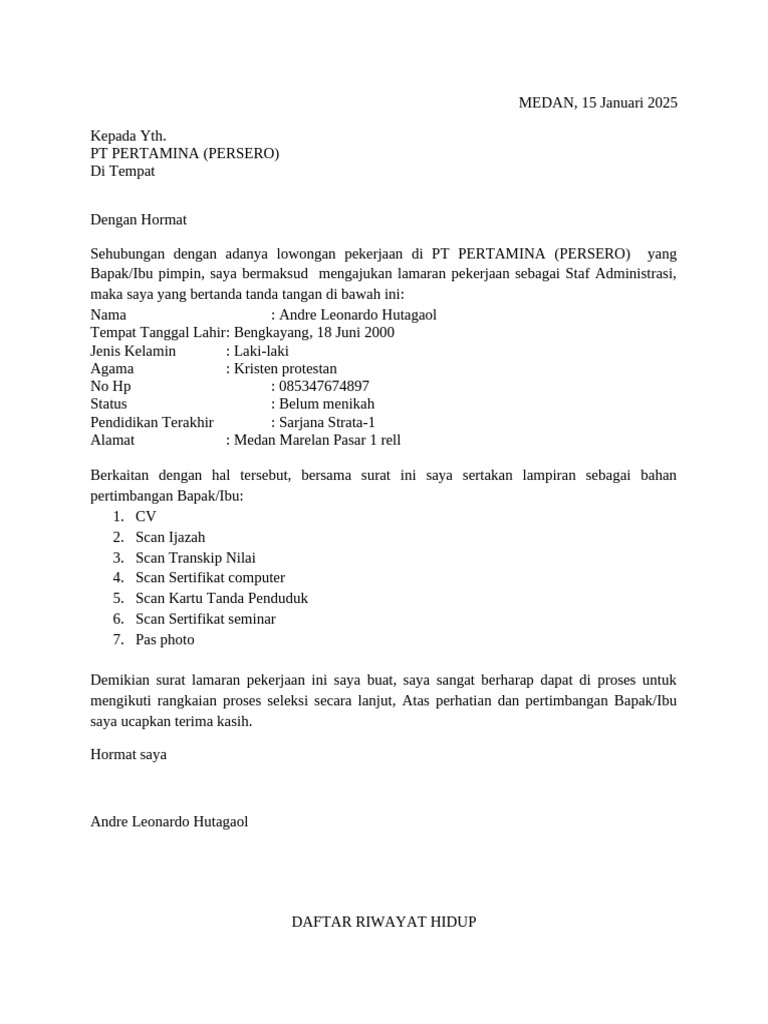 Surat Lamaran Kerja Dan CV PT Pertamina | PDF